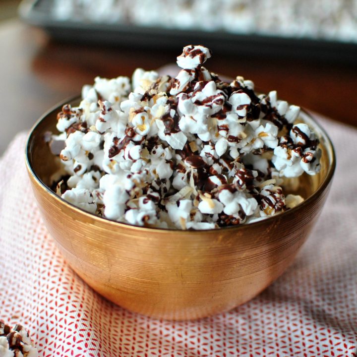 Dark Chocolate Sea Salt and Toasted Coconut Popcorn - Simply Scratch