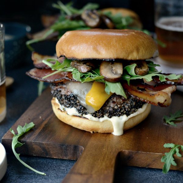 Peppercorn Crusted Burgers with Dill Pickle Aioli - Simply Scratch