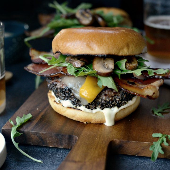 Peppercorn Crusted Burgers with Dill Pickle Aioli - Simply Scratch