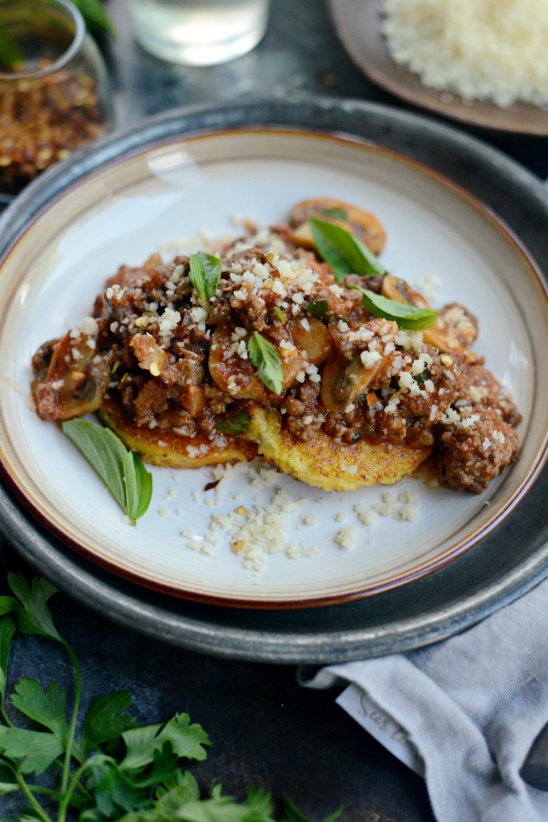 Beef and Mushroom Ragu over Fried Polenta - Simply Scratch