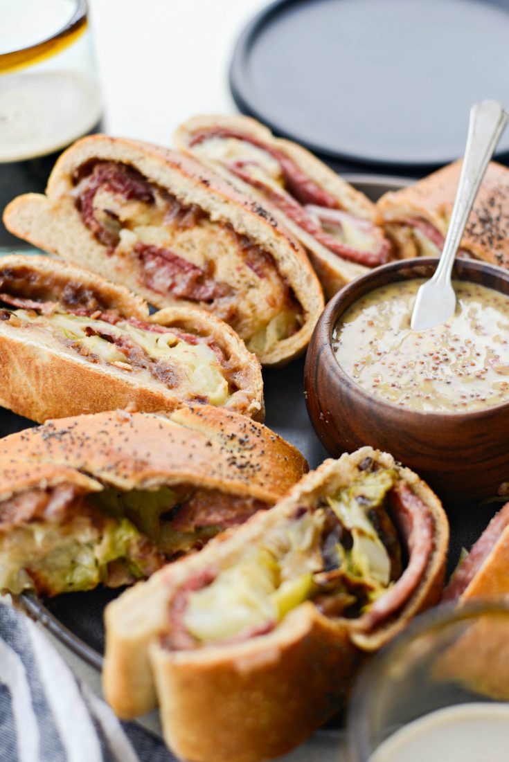 Corned Beef and Cabbage Stromboli with Guinness Mustard - Simply Scratch