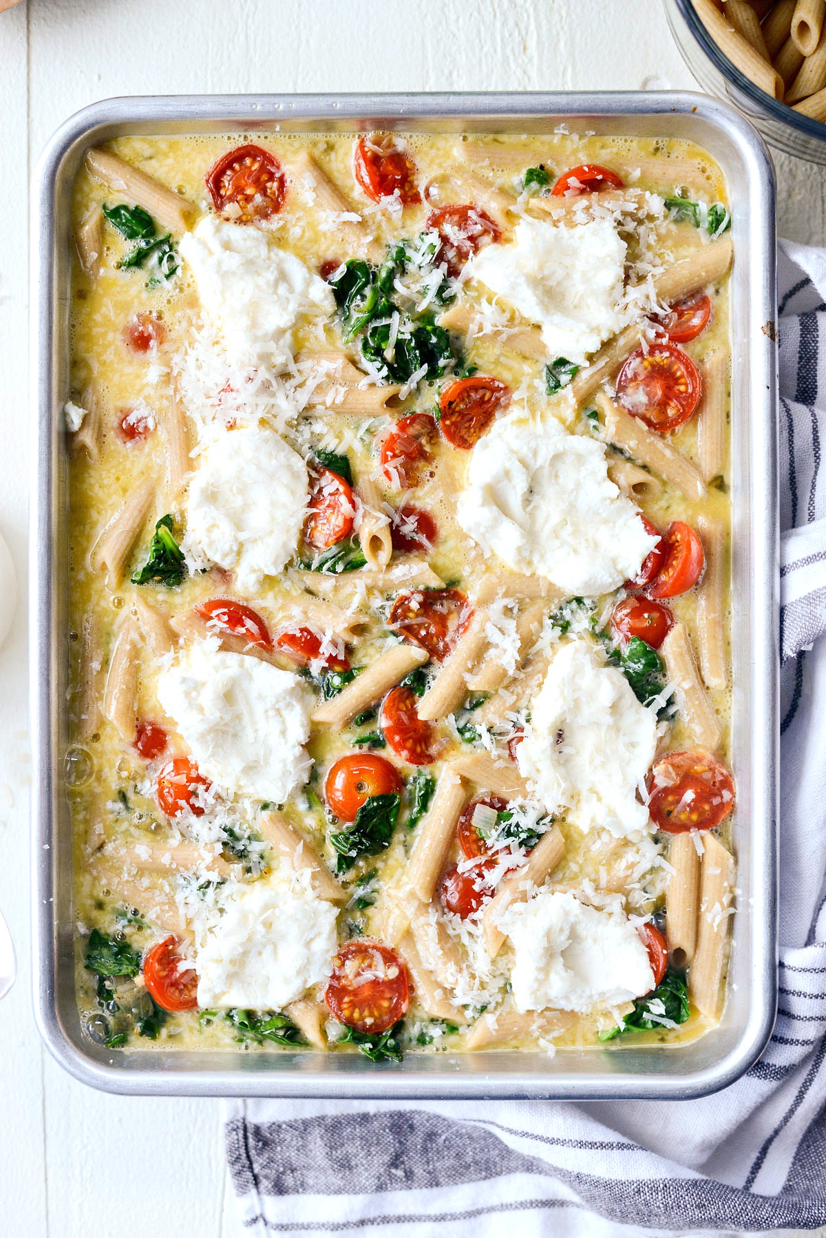 Sheet Pan Spinach Tomato Ricotta Pasta Frittata - Simply Scratch