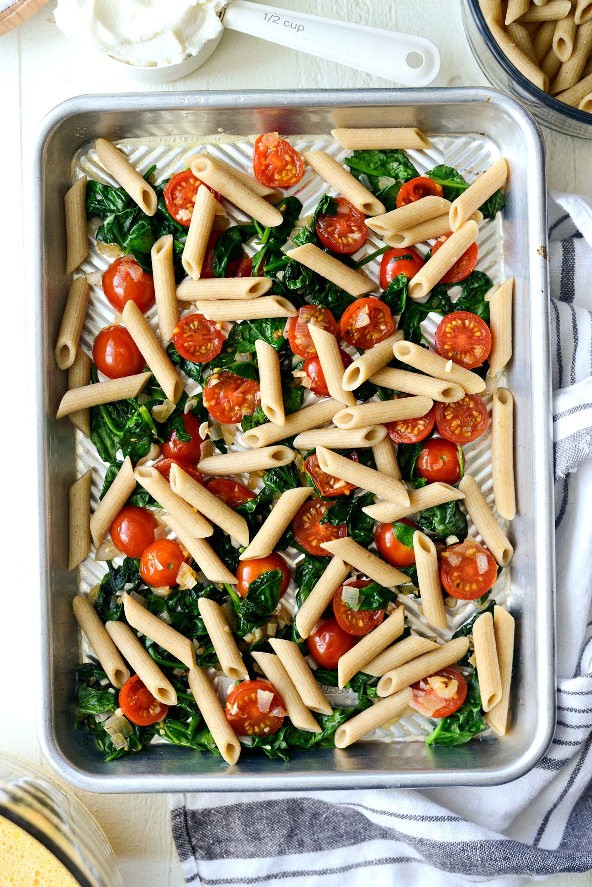 Sheet Pan Spinach Tomato Ricotta Pasta Frittata - Simply Scratch