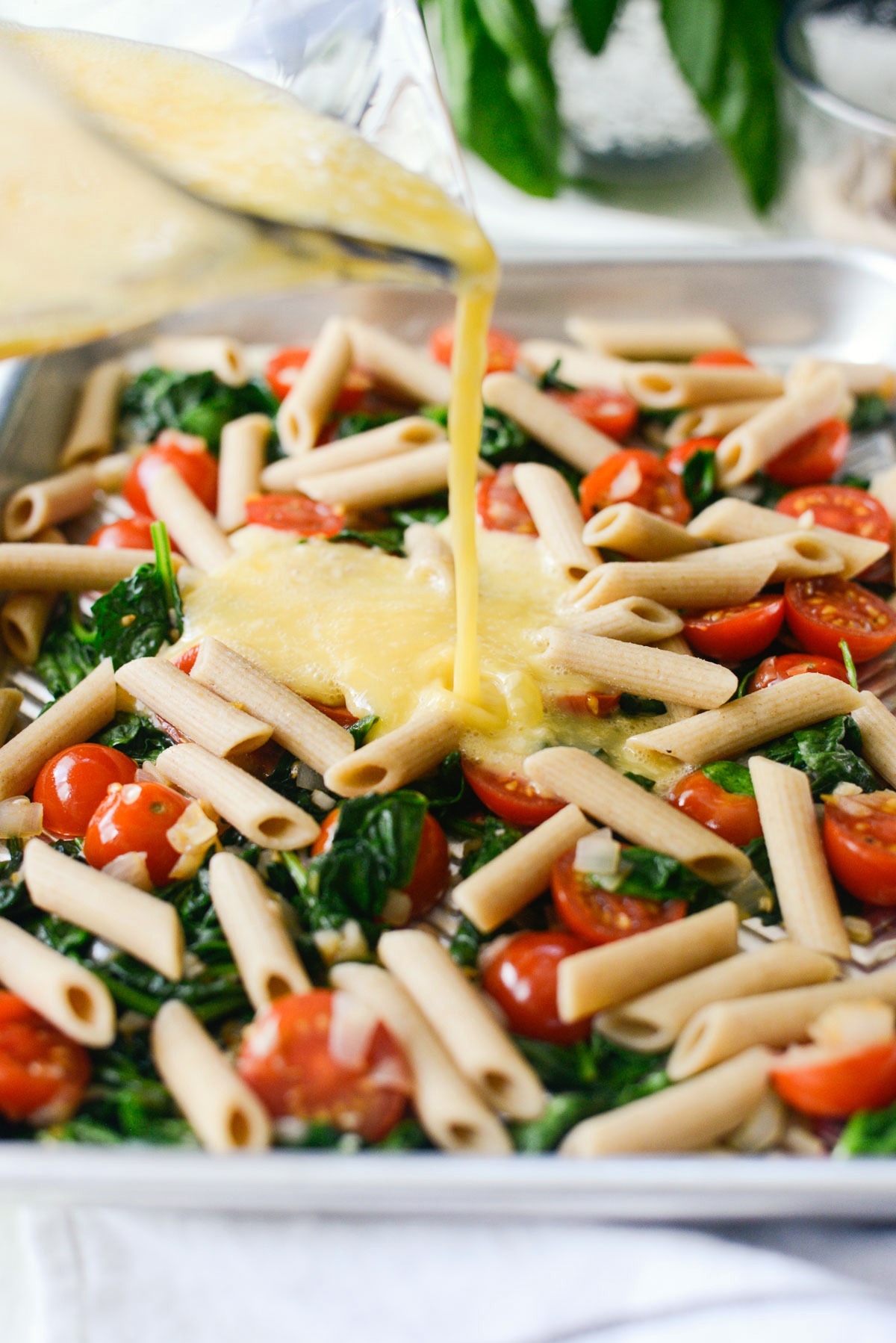 Sheet Pan Spinach Tomato Ricotta Pasta Frittata - Simply Scratch