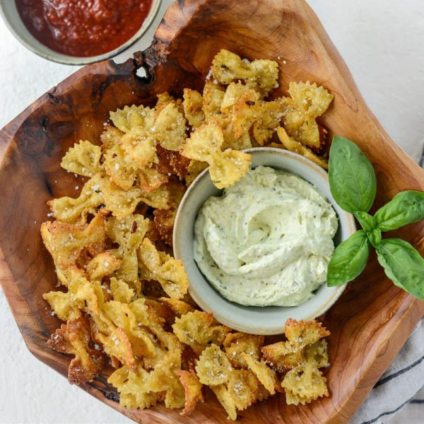 Air Fryer Pasta Chips with Pesto Dip - Simply Scratch